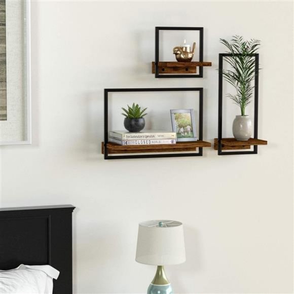 Wall Decor | Metal Frame Rustic Wooden Floating Hanging Shelves Home ...